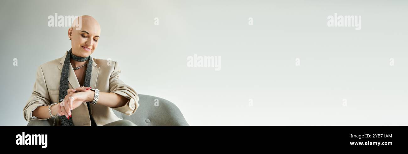 A young bald woman with alopecia exudes confidence, dressed elegantly ...