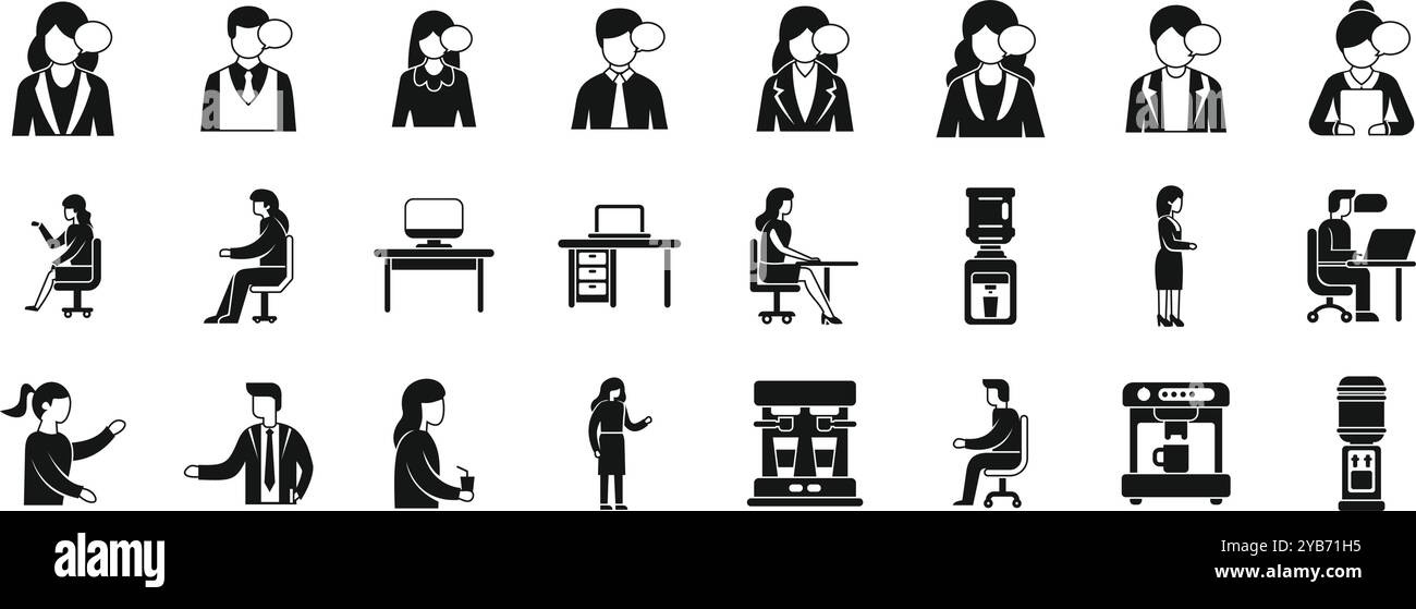 Coworkers communicating office icons set. Office workers having a break ...