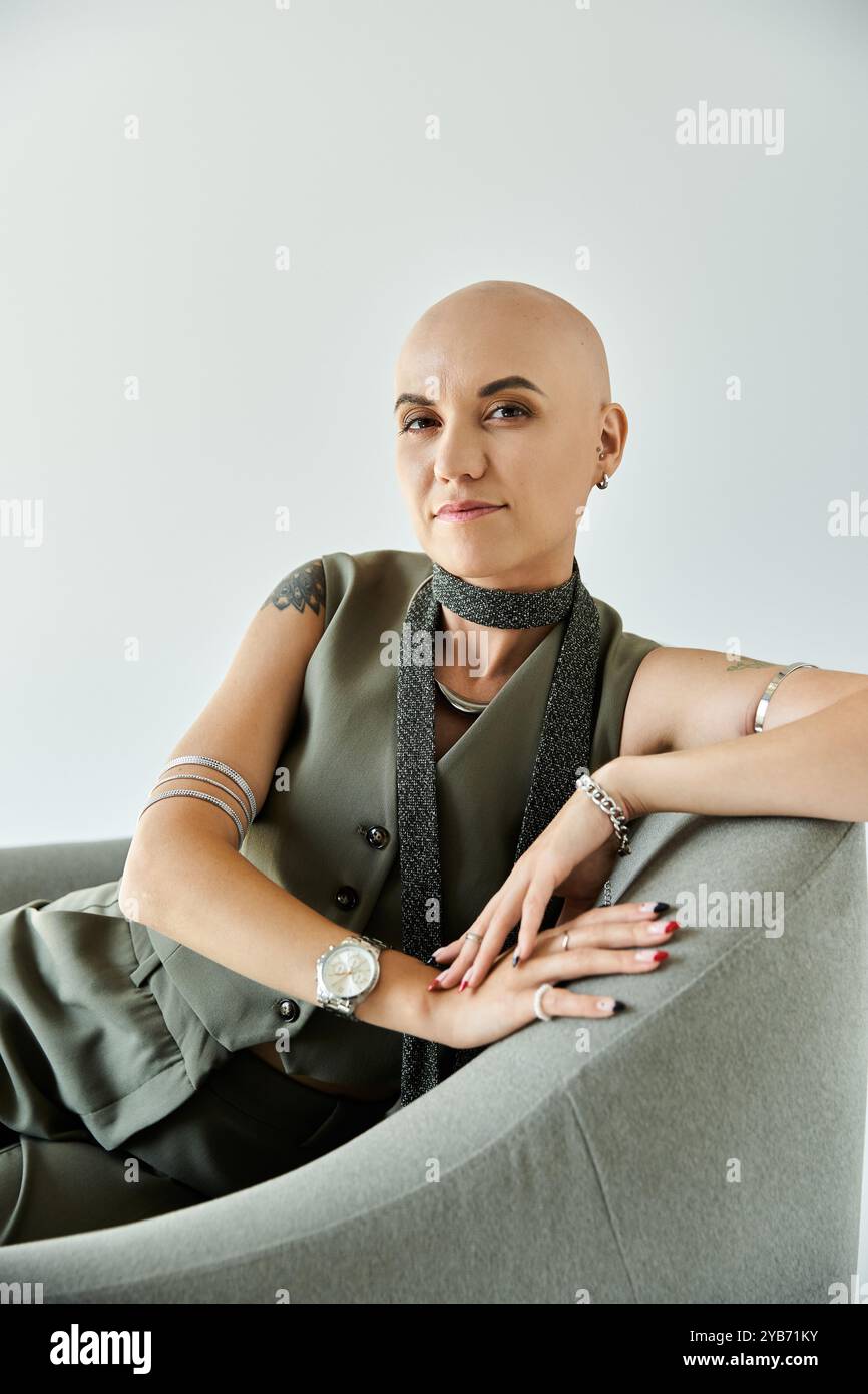 A young, bald woman expresses self confidence while relaxing in a ...