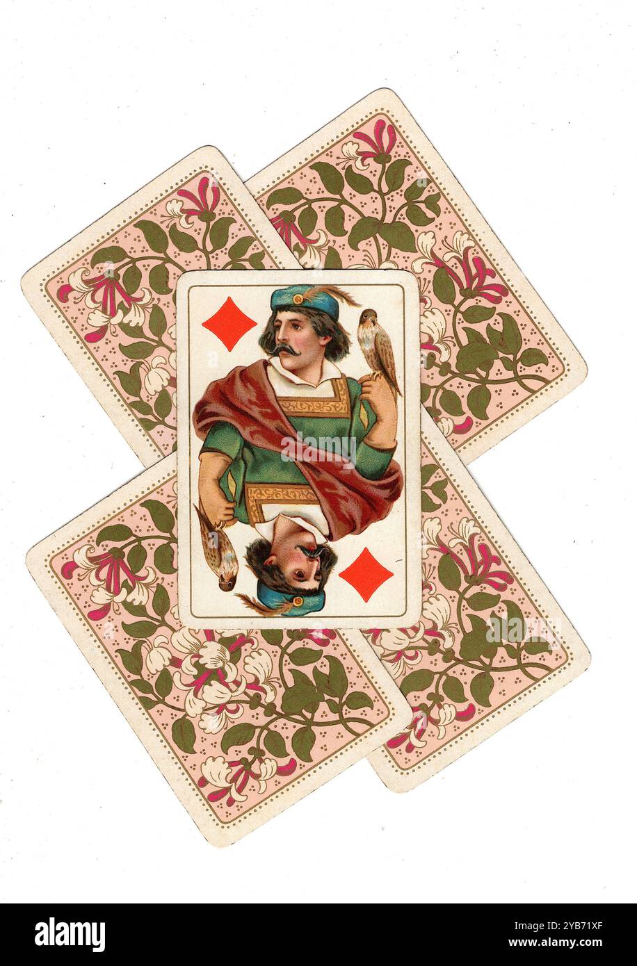 A montage of playing cards with one card revealed on a white background ...
