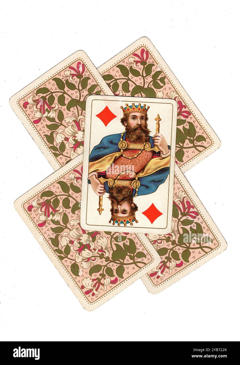 A montage of playing cards with one card revealed on a white background ...