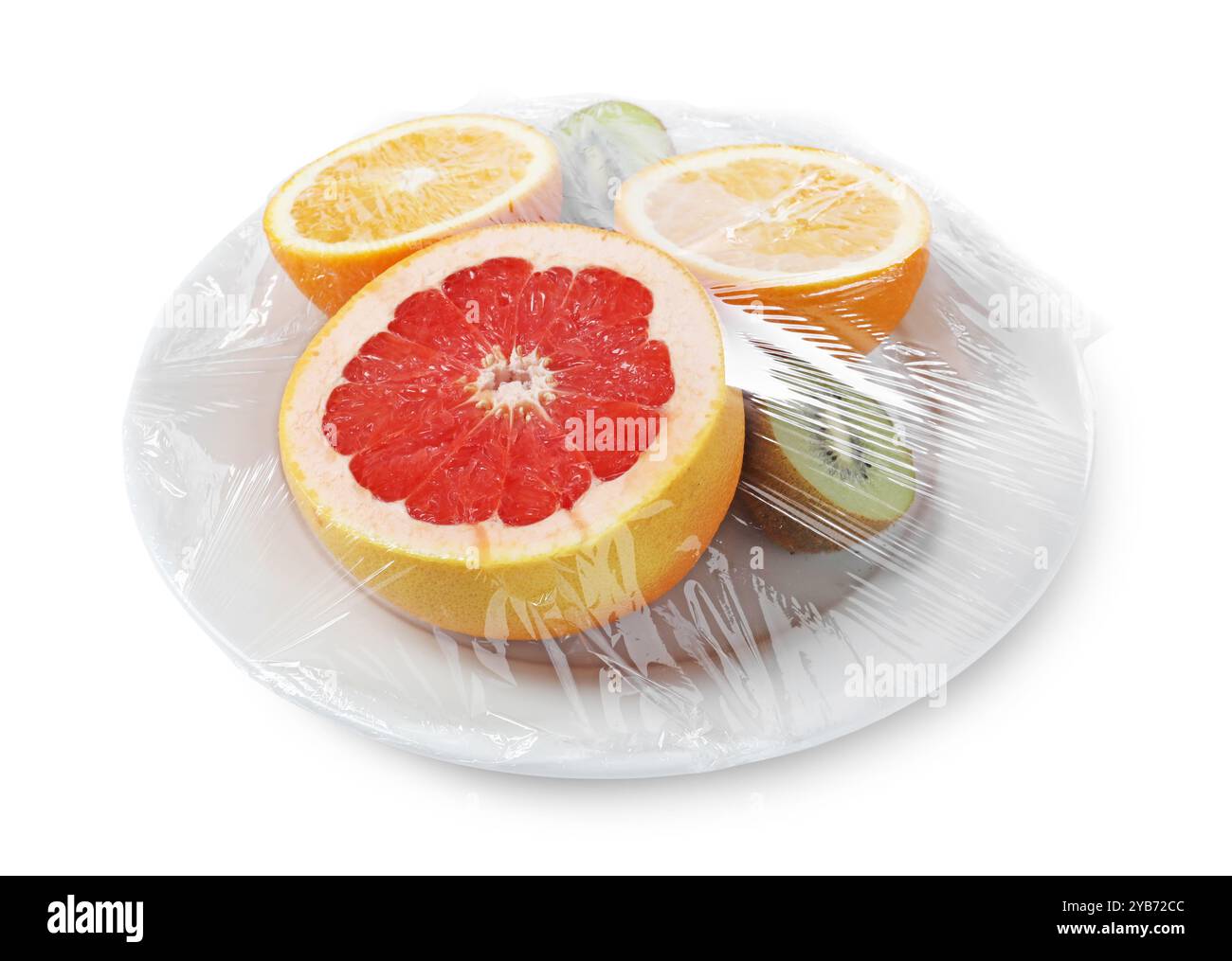 Plate of fresh fruits with plastic food wrap isolated on white Stock ...
