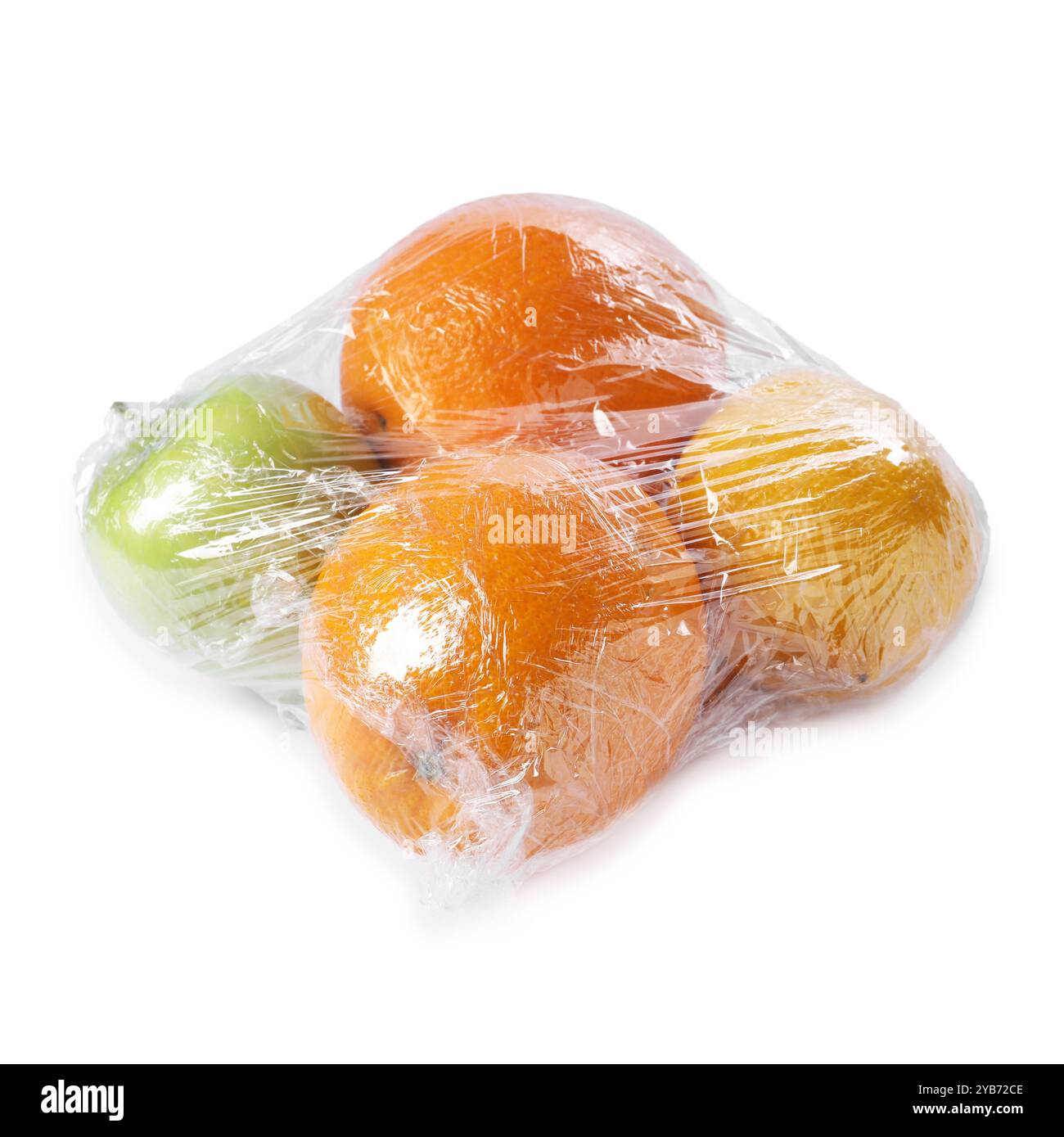 Fresh fruits with plastic food wrap isolated on white Stock Photo - Alamy