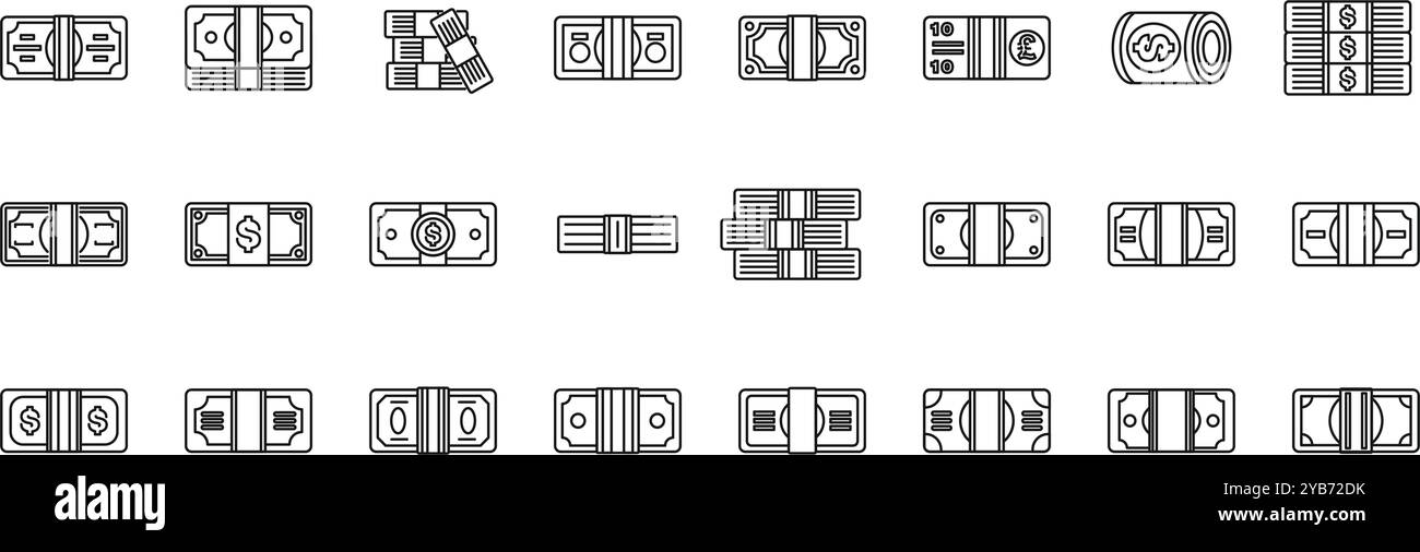 Money bundle icons set. Simple set of money related vector line icons ...