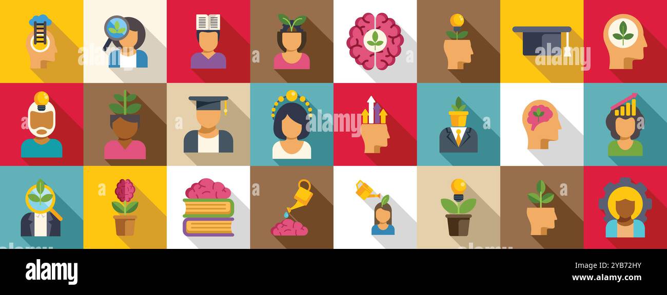 Mindset growth icons set. This icon set shows people developing their ...