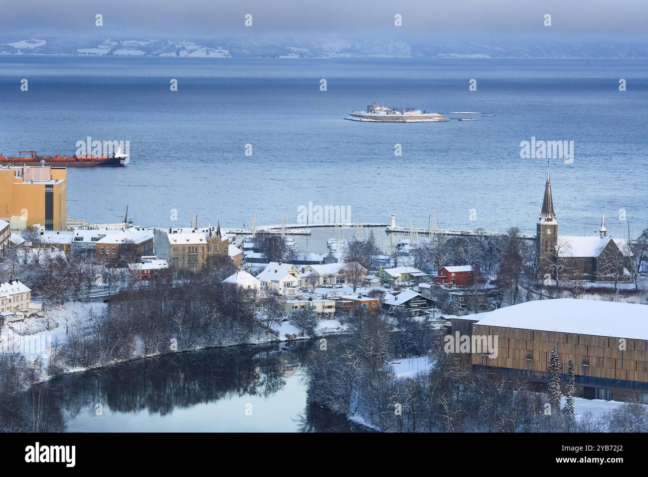 Winter in Trondheim, aerial view of the Trondheim fjord and the island ...