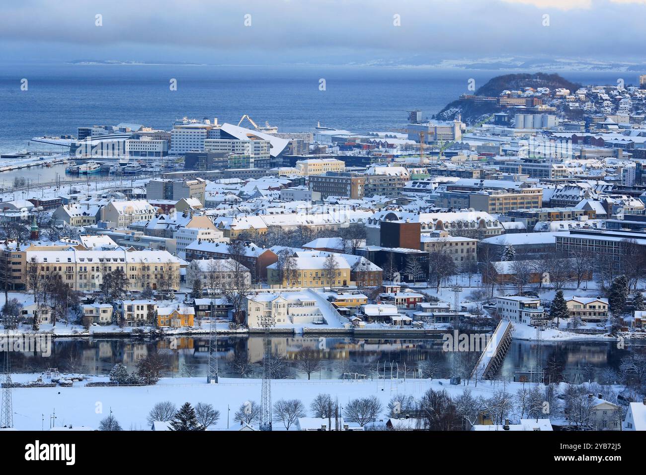 Winter in Trondheim, aerial view of the Trondheim fjord and historical ...
