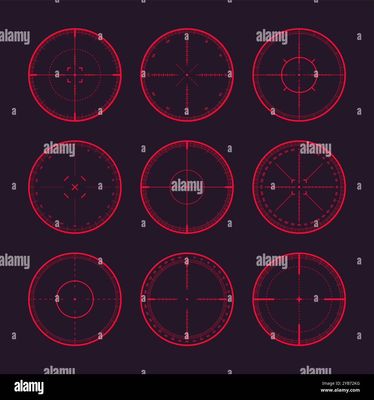 Various sniper rifle sights with degree scale, weapon optical scope ...
