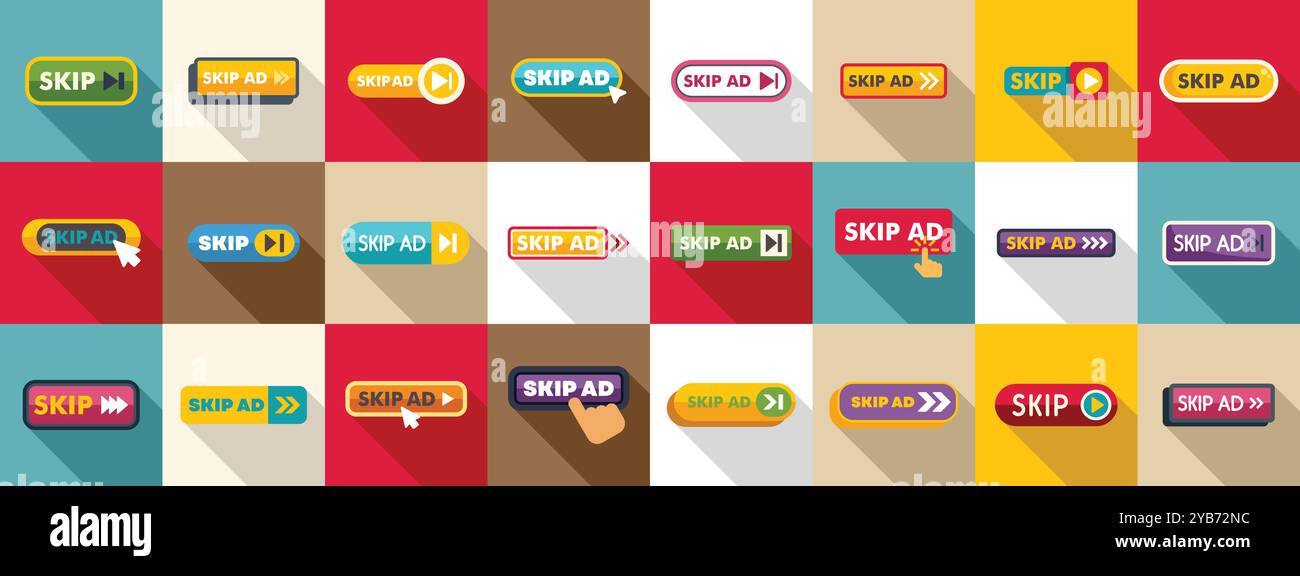 Skip ad icons set. Fingers and mouse cursors clicking on skip ad buttons in flat design style ...