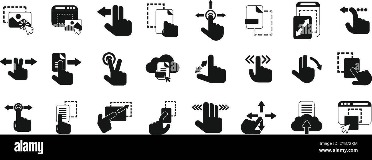 Drag drop icons set. Set of black and white icons representing hand gestures used to control ...