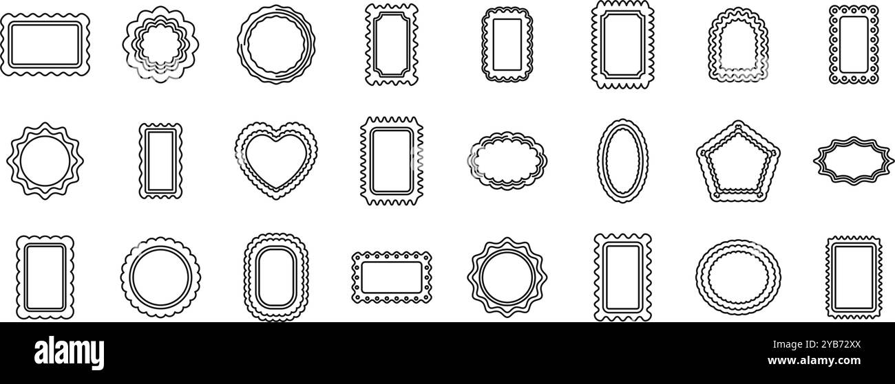 Scallop frame icons set. Big set of vintage blank postage stamps of ...