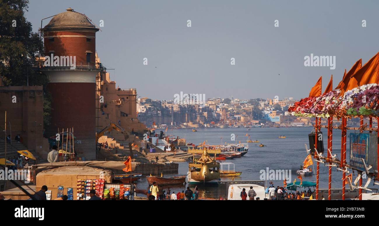 Varanasi, India. View On Ganga Mahal Ghat. Boats Moored On Ganga River ...