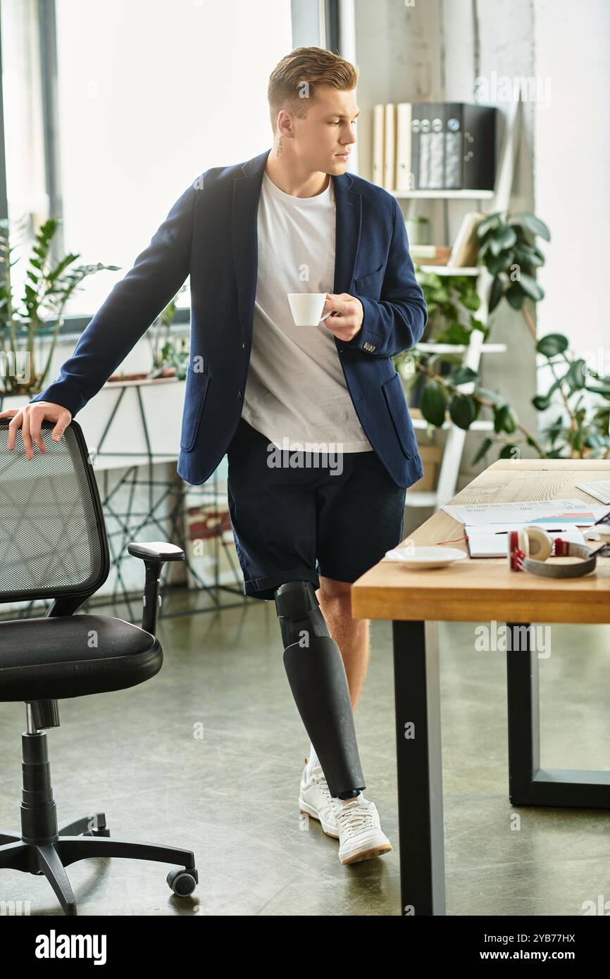 A determined professional enjoys a coffee break while standing beside ...