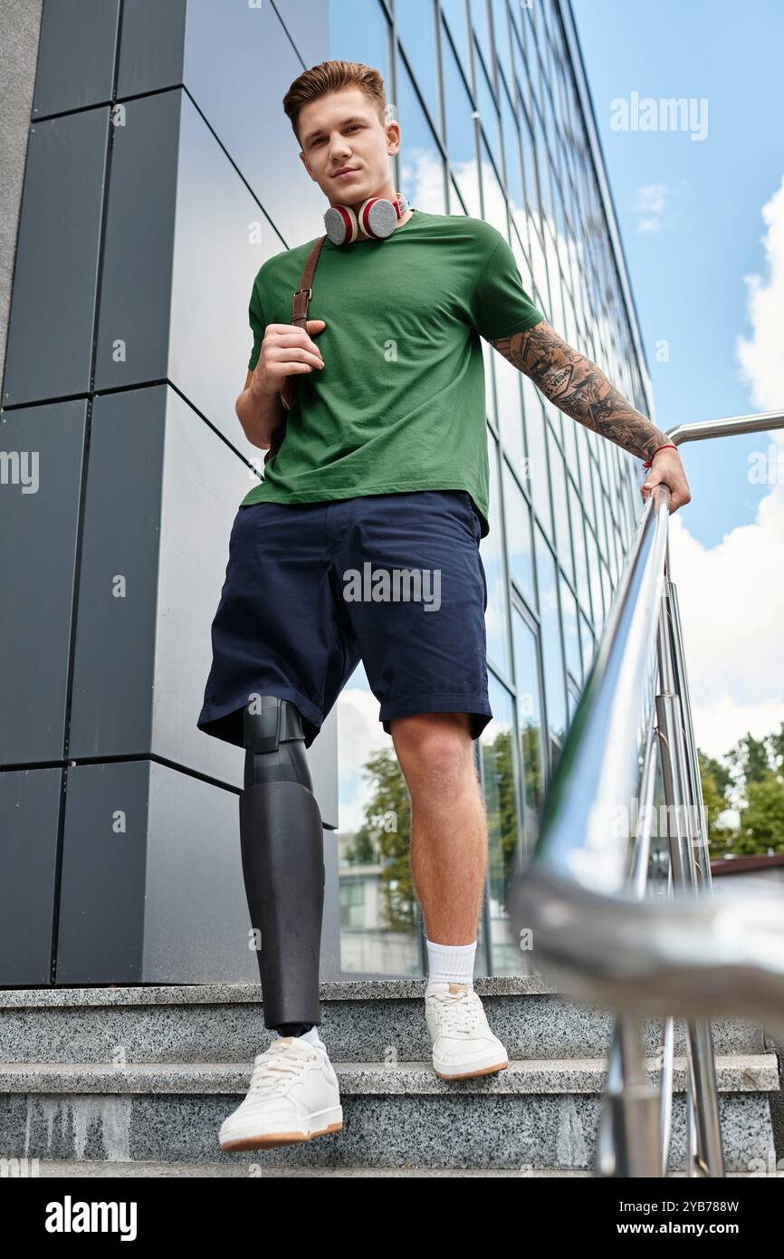A young man with a prosthetic leg stands outdoors, radiating confidence ...