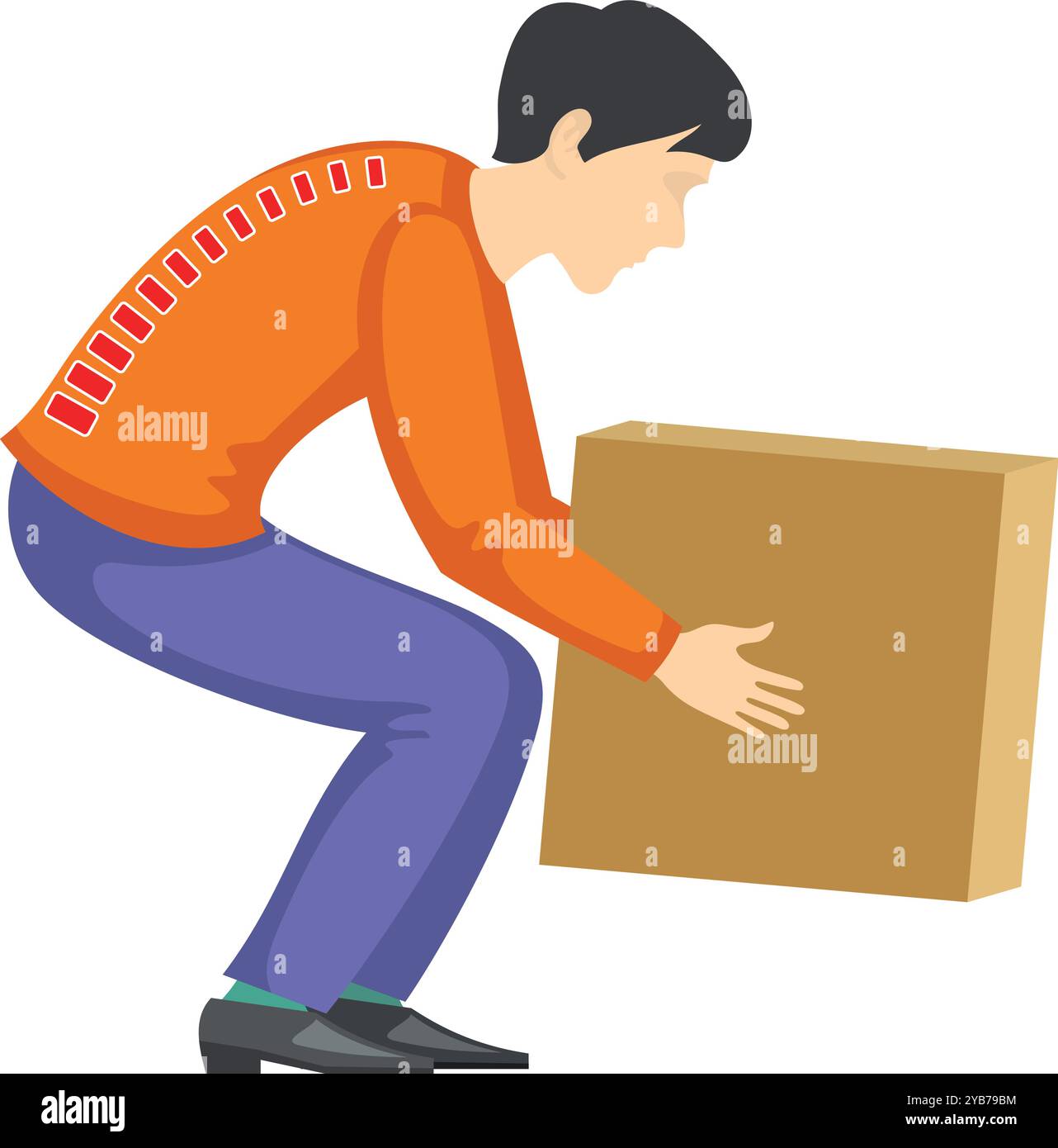 Wrong posture for lifting box. Pain injury danger isolated on white ...