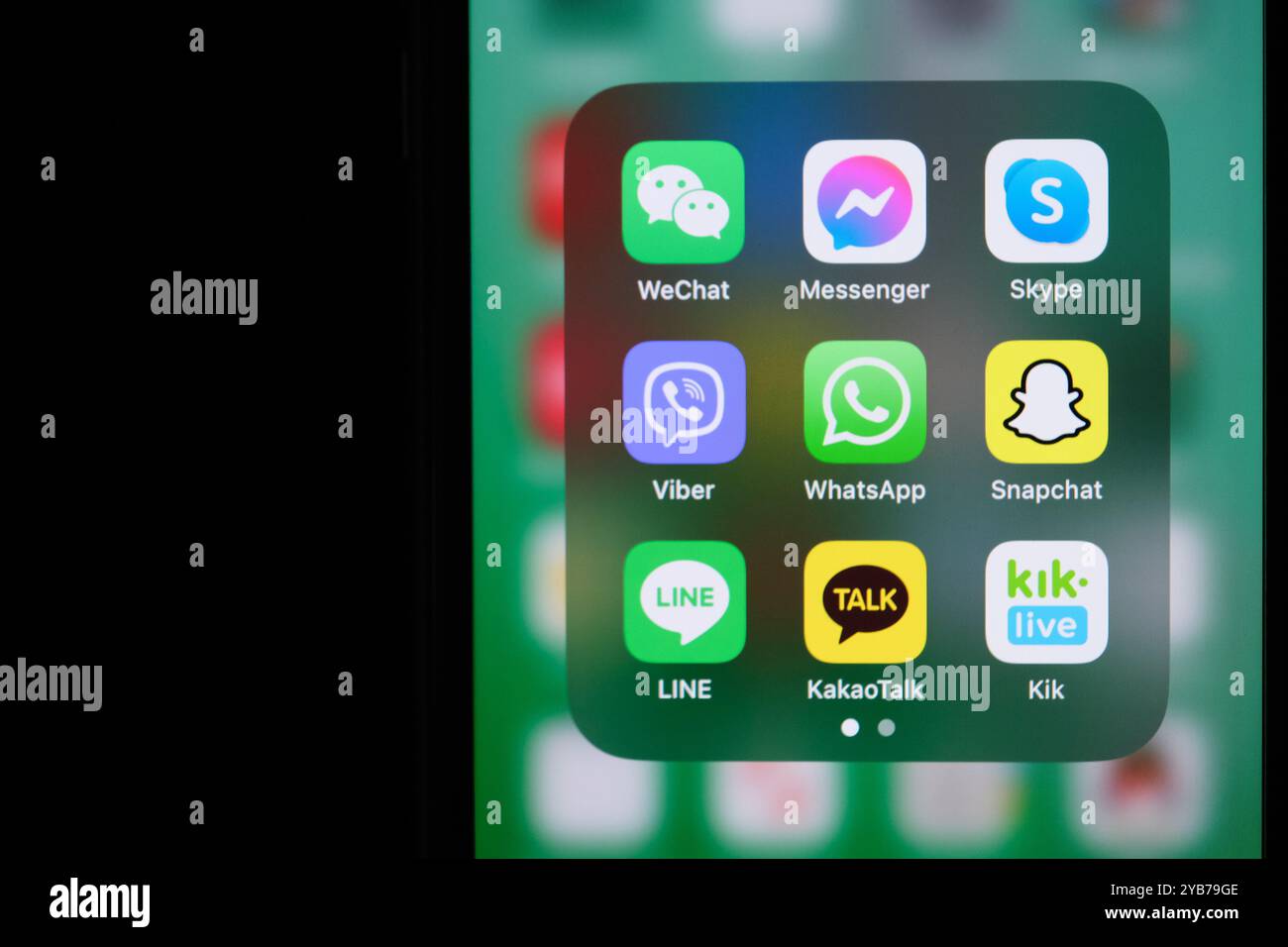 WhatsApp,LINE,Viber,WeChat,KaKaoTalk,Messenger,Skype,Snapchat,Kik Messenger App icon on screen ...