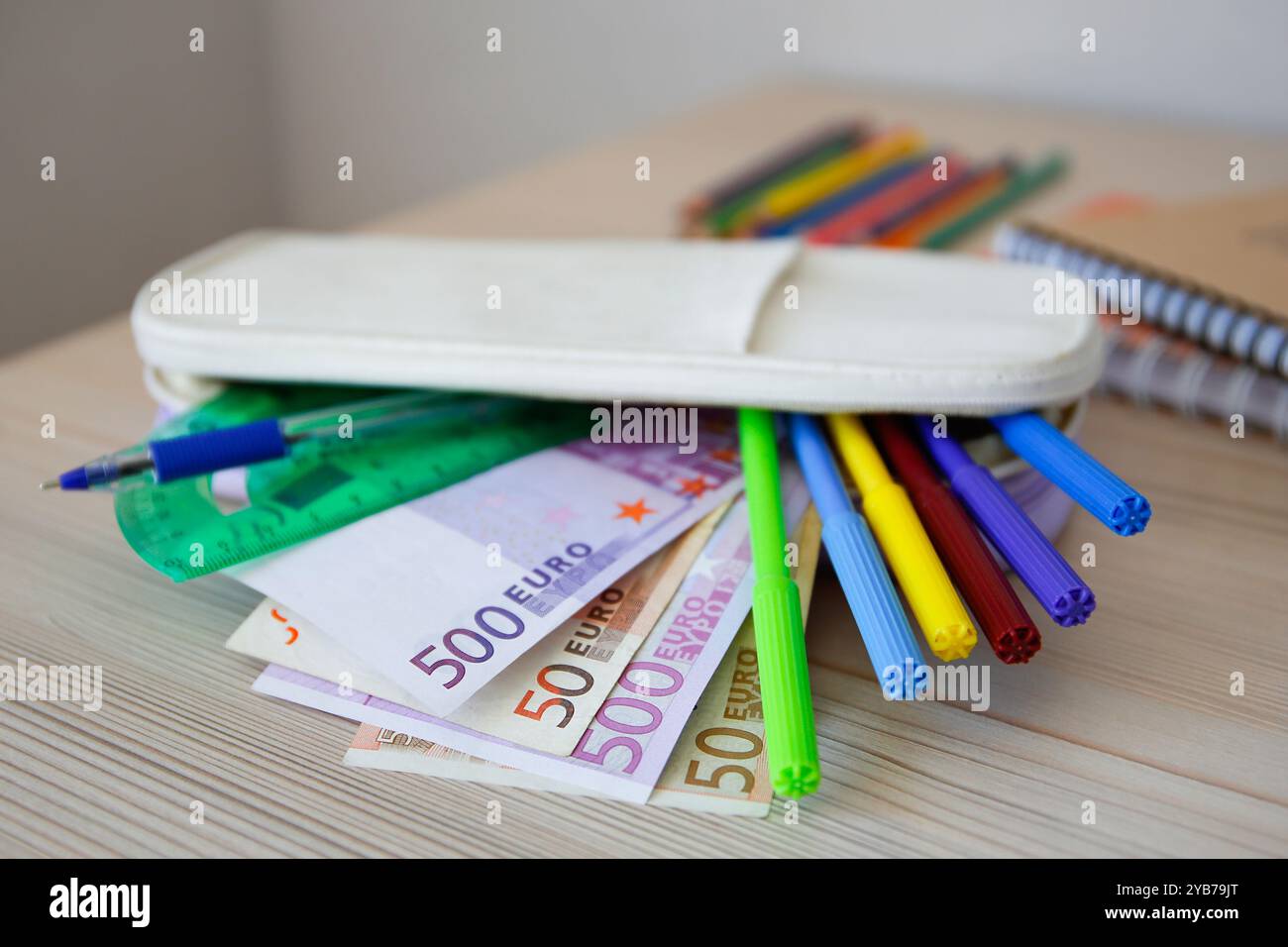 School supplies with money. Office and school supplies. Concept is to ...