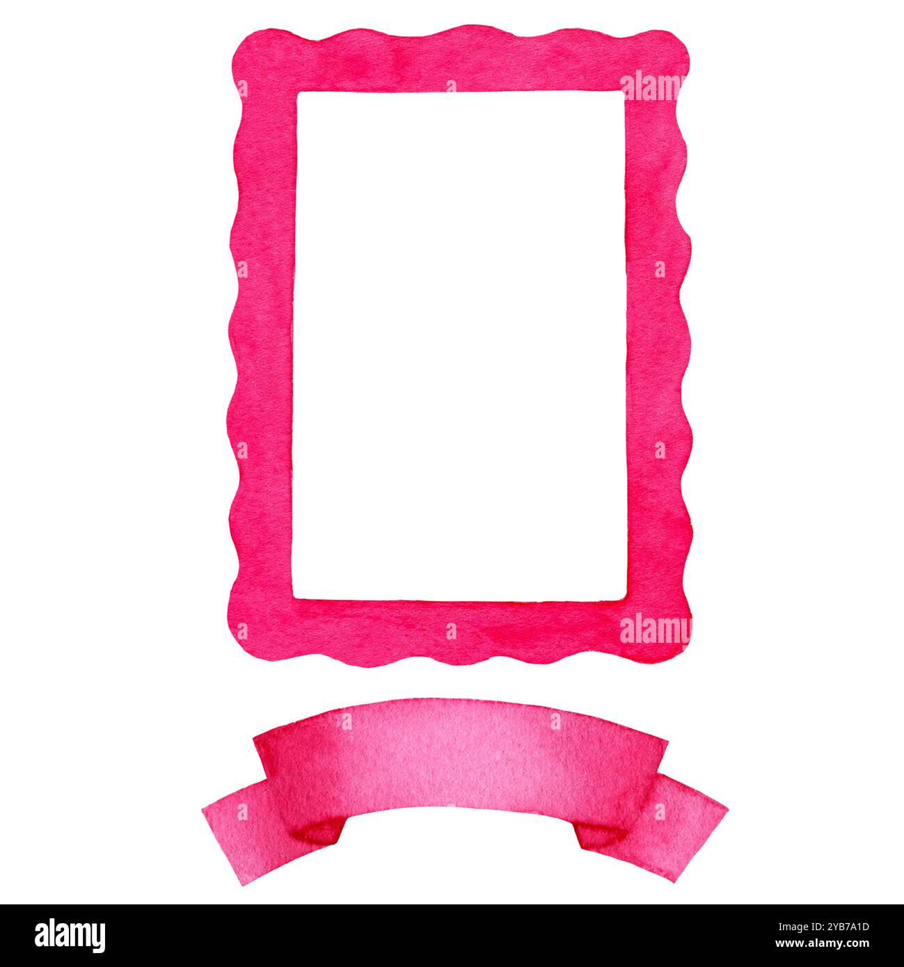 Watercolor rectangular pink frame with ribbon for text. Hand drawn ...