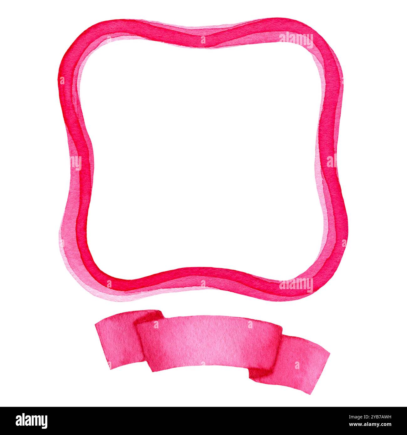 Watercolor square pink frame with ribbon for text. Hand drawn ...