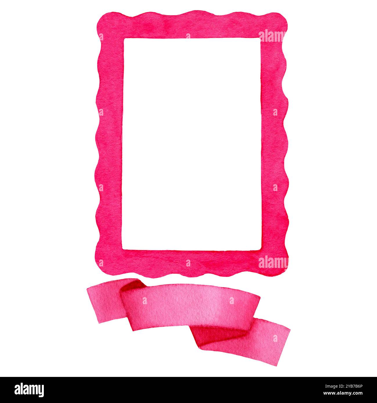 Watercolor rectangular pink frame with ribbon for text. Hand drawn ...