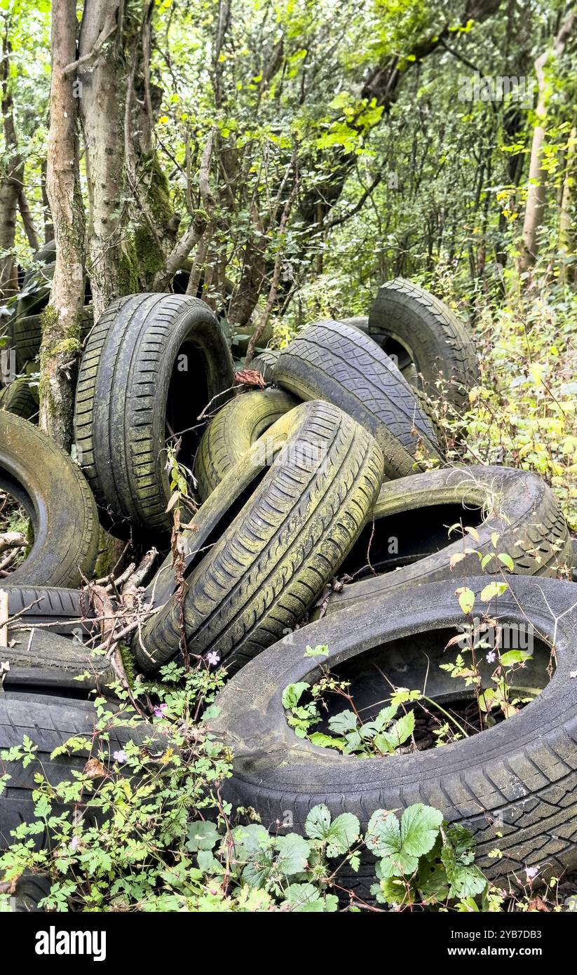 old disused vehicle tyres, illegally dumped, fly tip, enviromental ...
