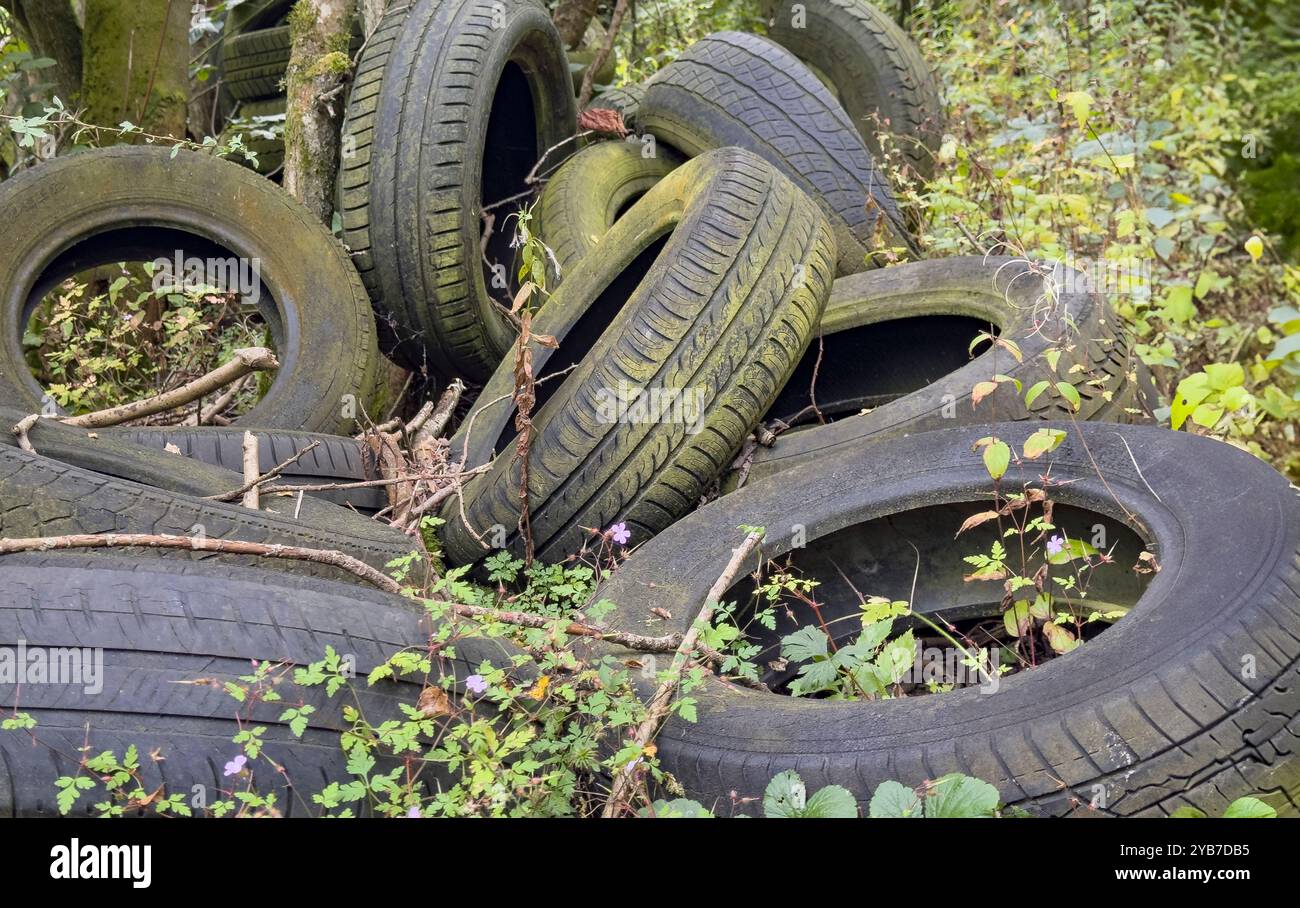 old disused vehicle tyres, illegally dumped, fly tip, enviromental ...