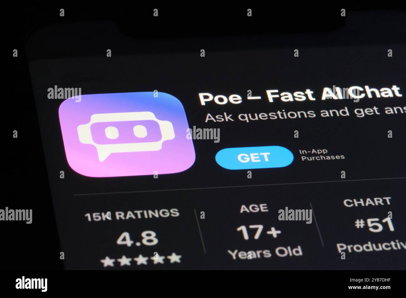 close up Poe - Fast AI Chat app icon. AI chatbot application software ...