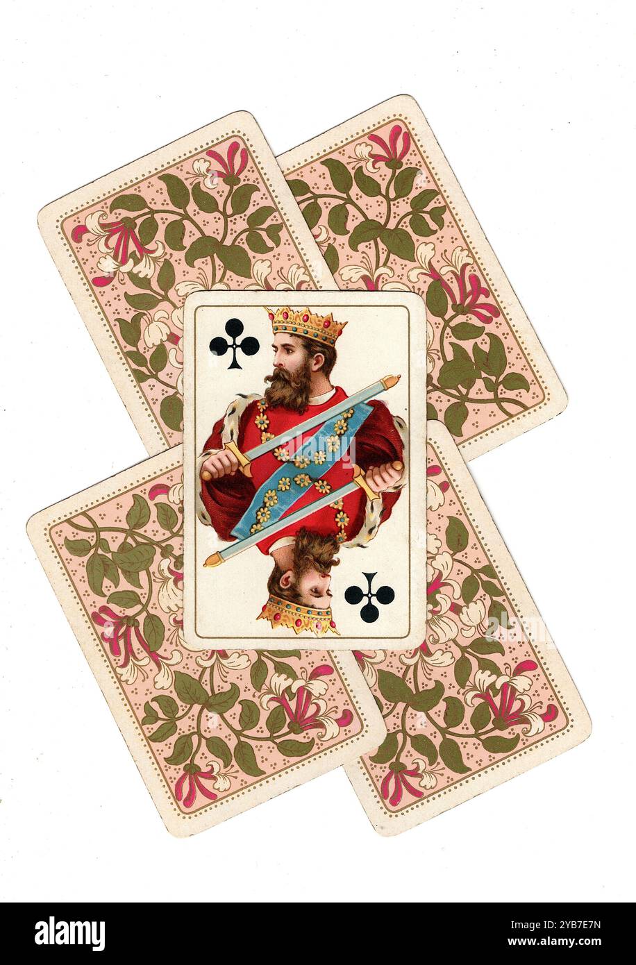 A montage of playing cards with one card revealed on a white background ...