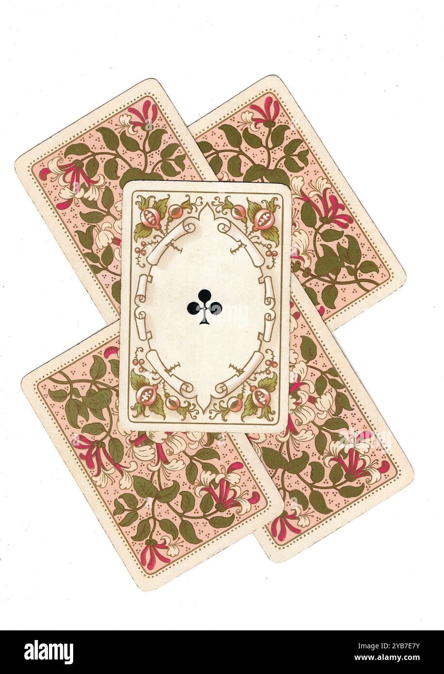 A montage of playing cards with one card revealed on a white background ...
