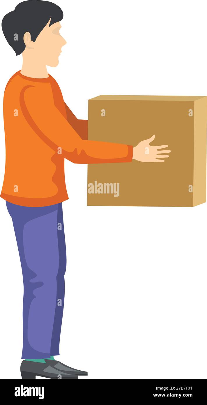 Boy carrying cardboard box. Heavy package lifting Stock Vector Image ...
