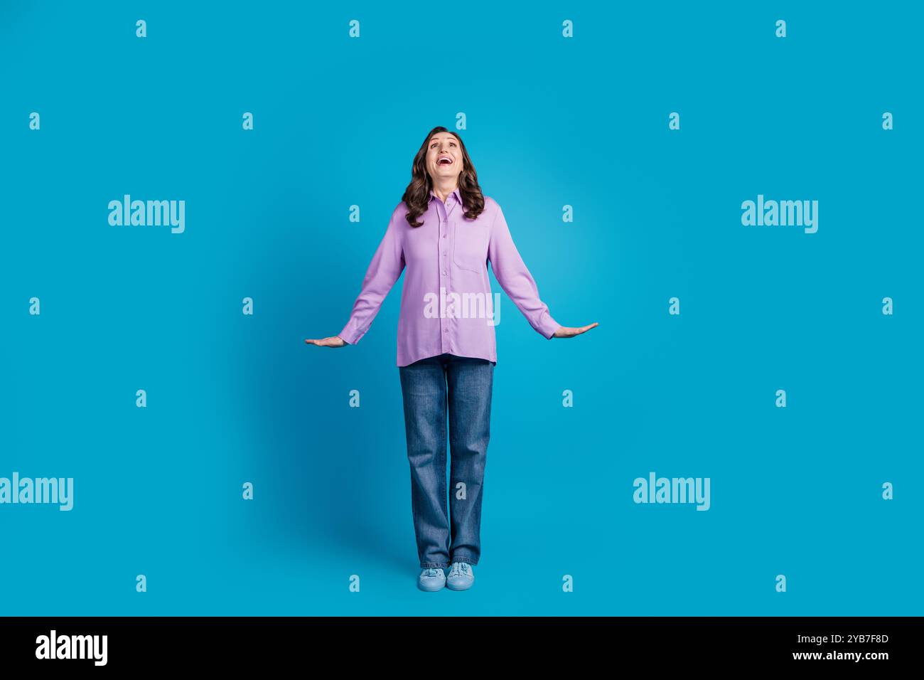Full length photo of cheerful pretty lady dressed puple blouse looking ...
