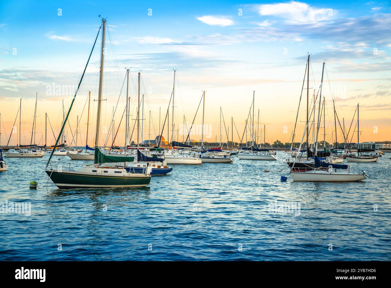 Chicago sailing harbor on Michigan lake sunset view, state of Illinois ...