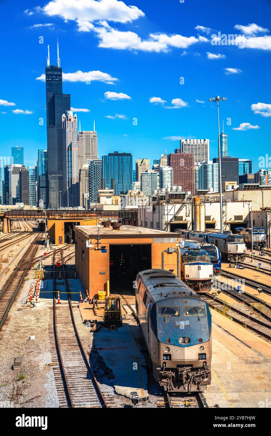 Chicago skyline and train yard view, state of Illinois, USA Stock Photo ...