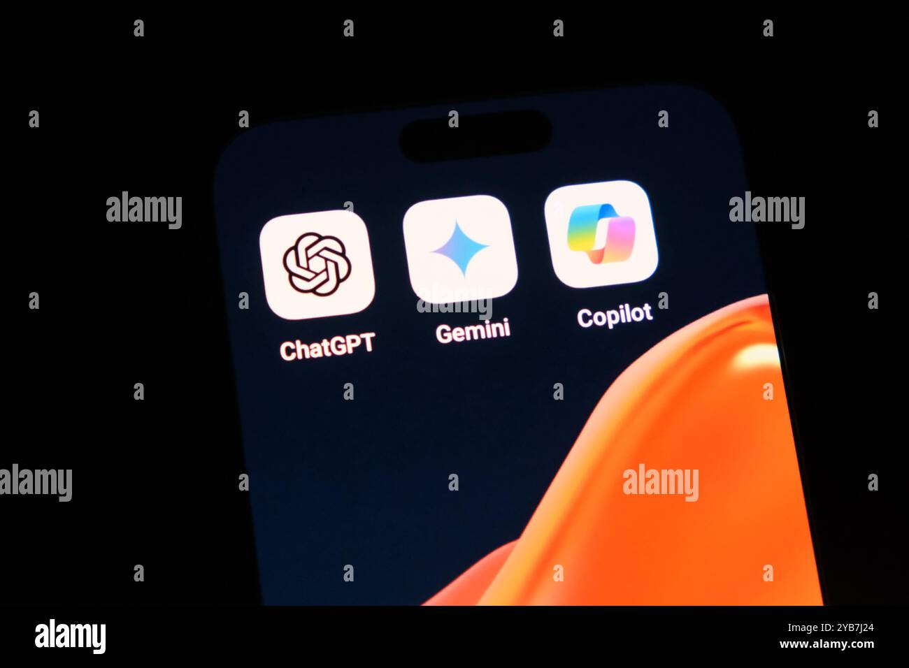 Google Gemini, OpenAI ChatGPT and Microsoft Copilot app icon on phone screen. Assorted AI app ...