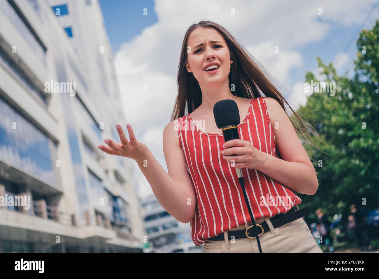 Photo of lovely charming woman journalist correspondent speaking in ...