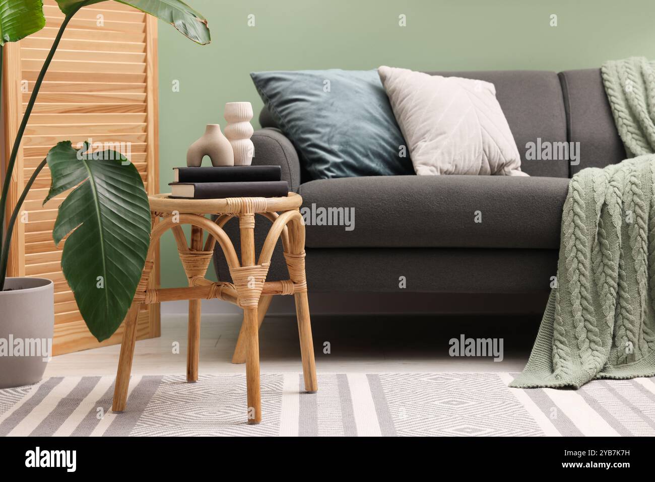 Living room with stool and sofa. Stylish interior design Stock Photo ...