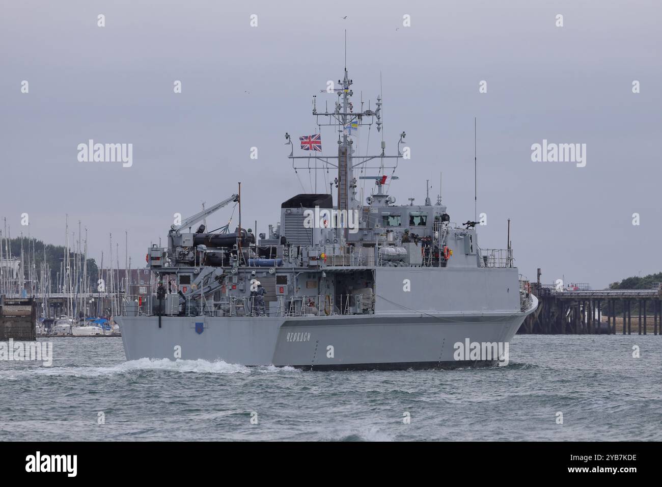 The Ukrainian Navy minehunter UKS CHERKASY (M311) heads towards a berth ...