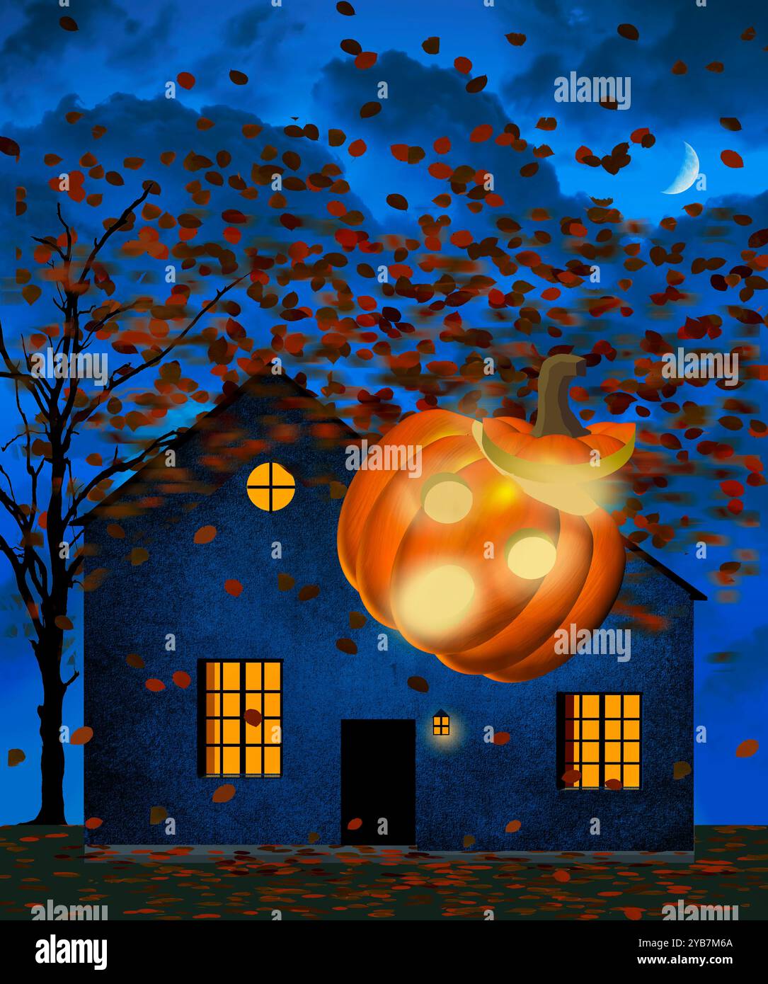 A jack-o-lantern is blown through the air on a very windy October night ...