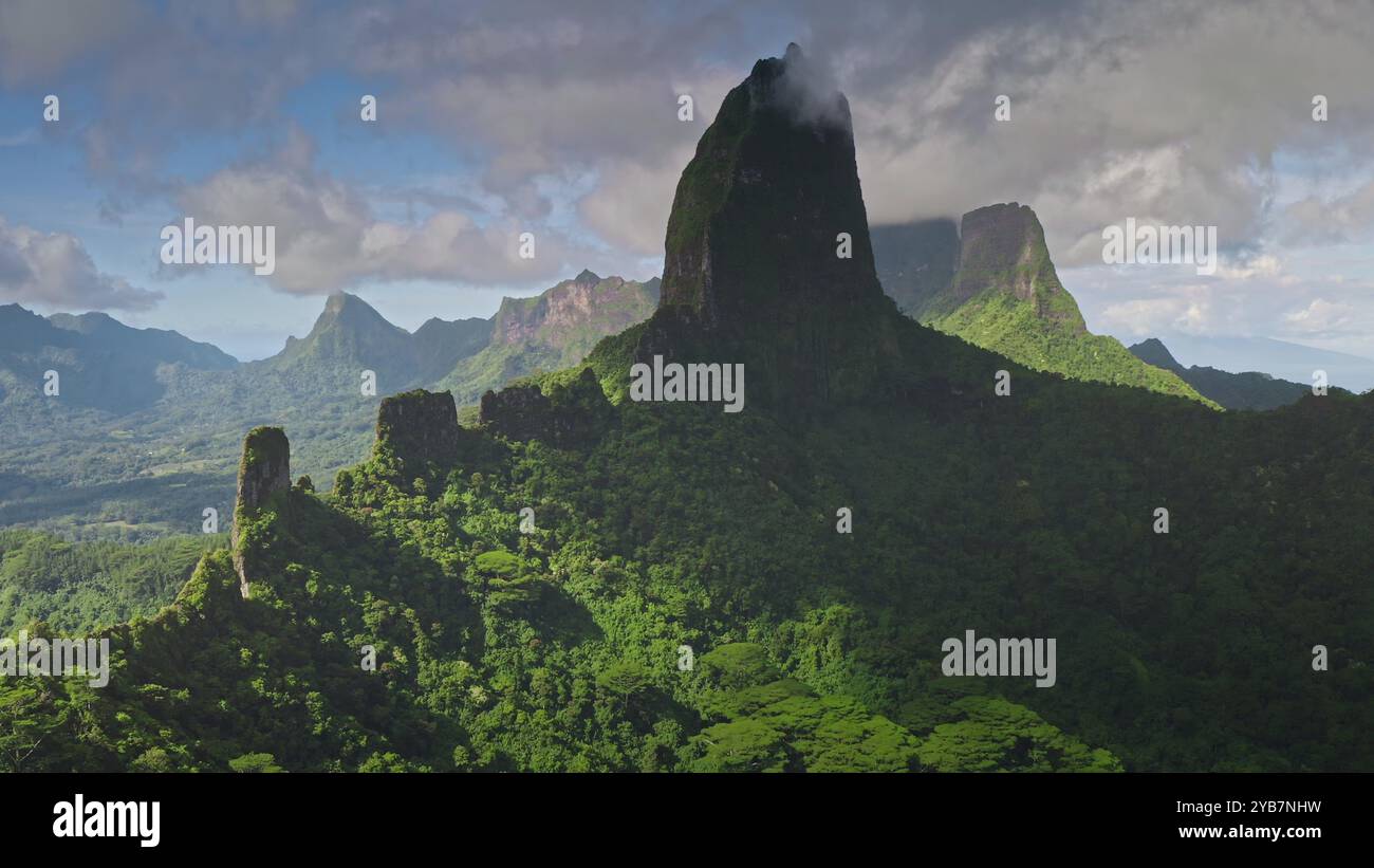 Dramatic landscape rugged peaks and ridges of Moorea's ancient volcanic ...