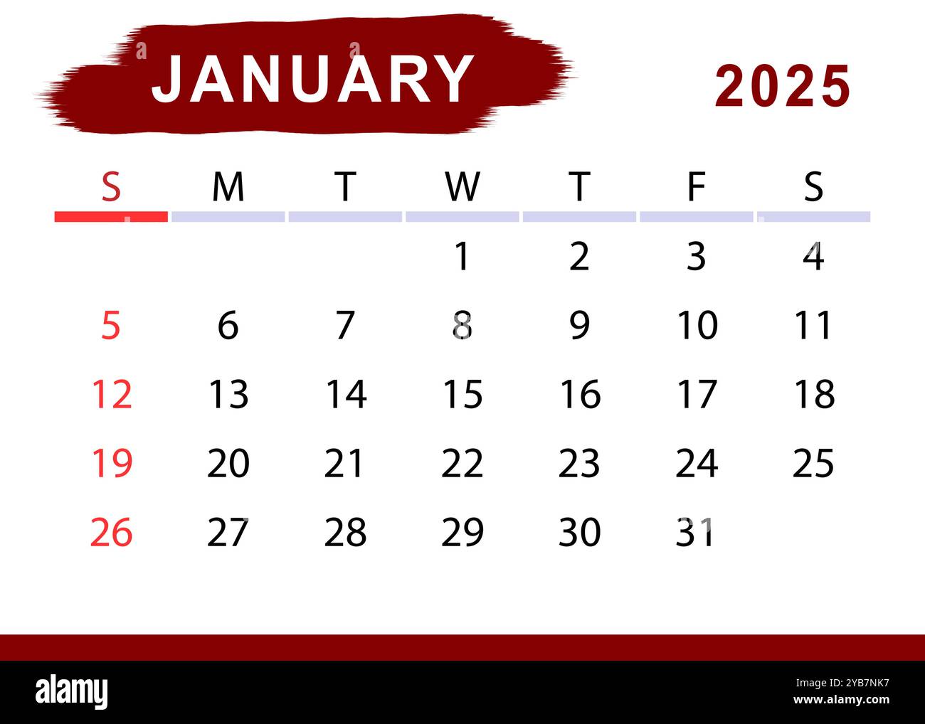 January 2025 simple month calendar. Sunday start. Vector design Stock ...