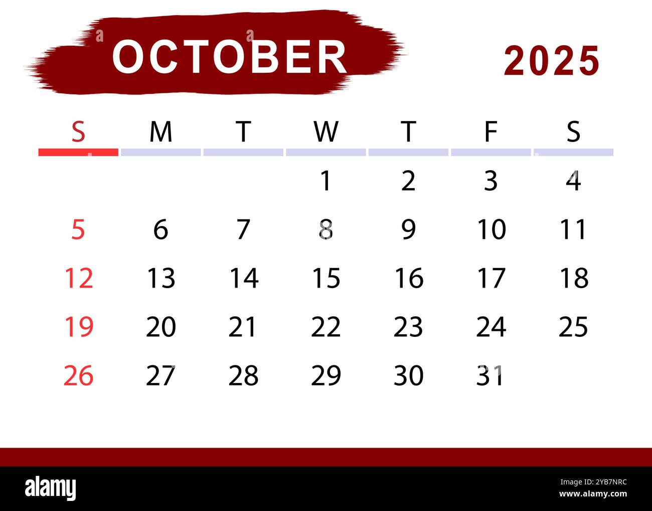 October 2025 simple month calendar. Sunday start. Vector design Stock ...