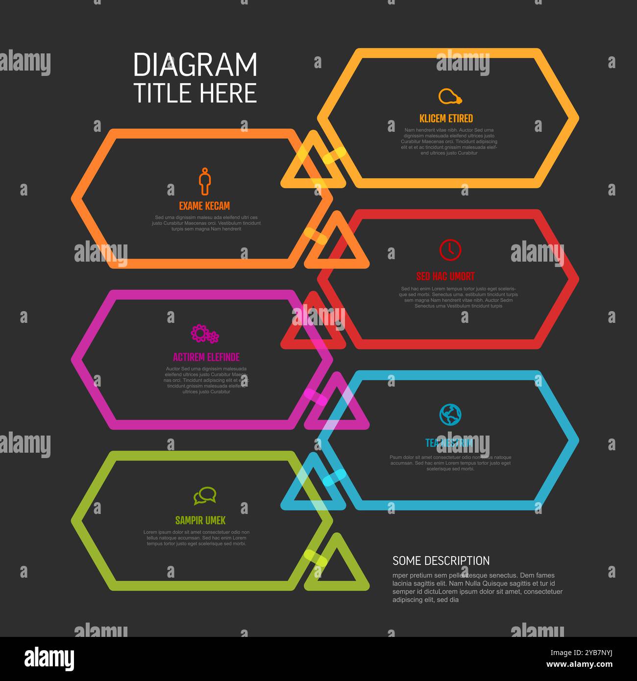 Six content hexagon shapes with arrows in process multipurpose ...