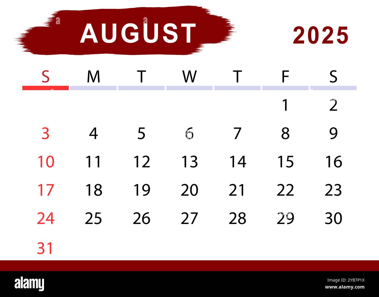 August 2025 simple month calendar. Sunday start. Vector design Stock ...