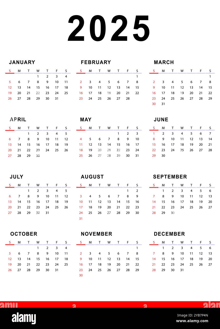 2025 monthly calendar template. Sunday start. Vector design Stock ...