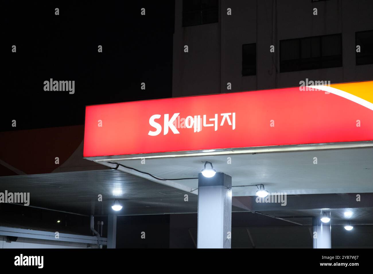 Jeju, South Korea-May 23rd 2024: SK Energy company brand logo at night ...