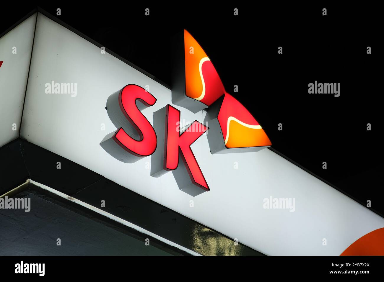Jeju, South Korea-May 23rd 2024: SK Group company brand logo at night ...