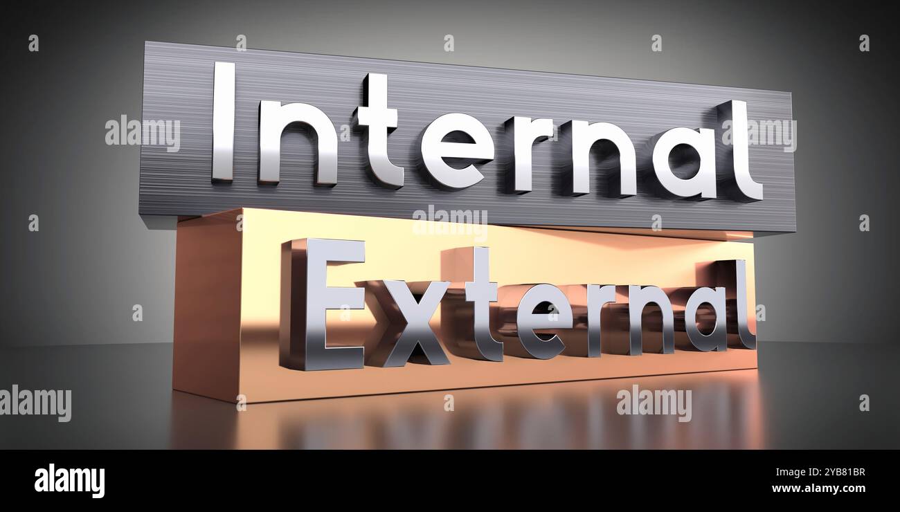 Internal, external - words on metal blocks - 3D illustration Stock ...