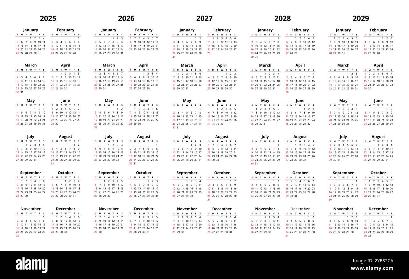 2025, 2026, 2027, 2028, 2029 years english calendars with 12 months. Simple template vector ...
