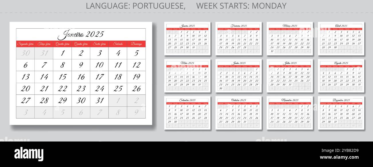 Set of PORTUGUESE monthly calendar for 2025 year. Vector collection set ...