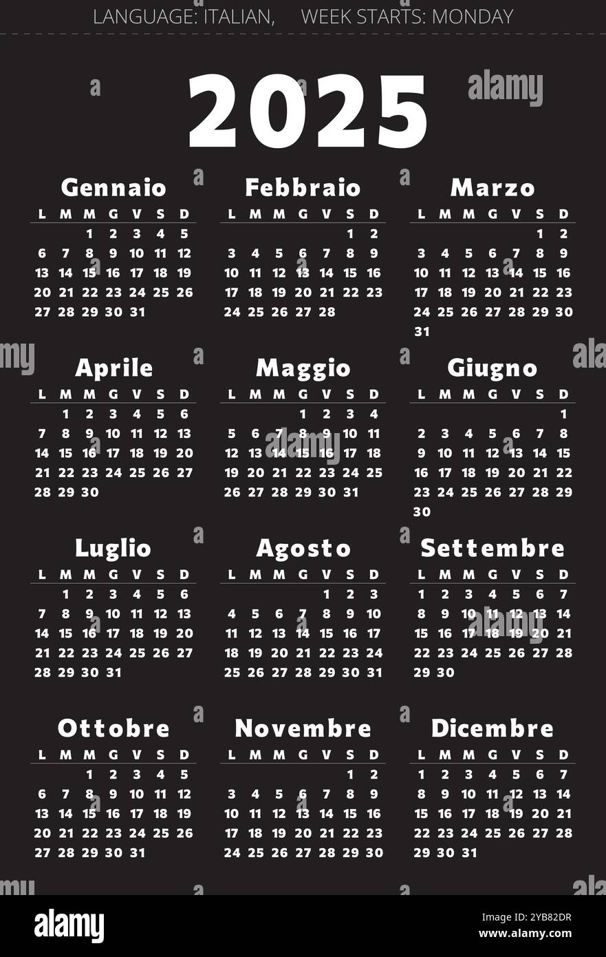 2025 year calendar. Italian language. With 12 months. Printable vector ...